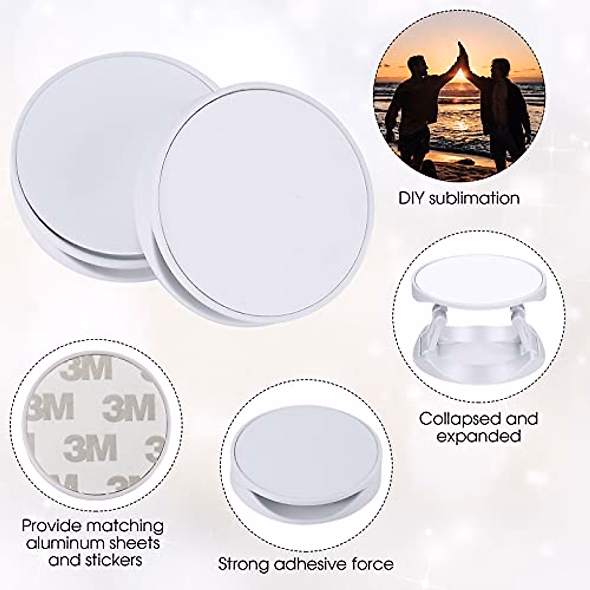 40 Pieces Blank Sublimation Phone Grip Holders Include 40 Collapsible Brackets and Sublimation Aluminum Sheets and Double-Sided Stickers DIY Expanding Finger Stand for Smartphones and Tablets (White)
