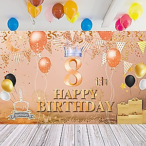 Happy 8th Birthday Backdrop Banner Rose Gold 8th Sign Poster 8 Birthday Party Supplies for Anniversary Photo Booth Photography Background Birthday Party Decorations, 72.8 x 43.3 Inch