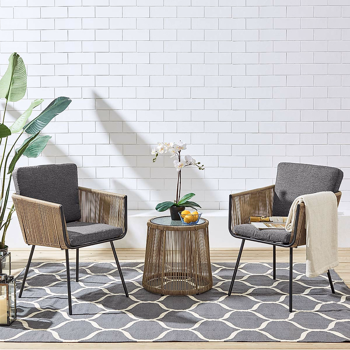 Barton 3 Pieces Wicker Chair Set w/Glass Table Gray Outdoor Patio Furniture Wicker Rattan Modern Conversation Chat Seating