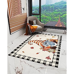 Thanksgiving Plaid Area Rug 2'7"x5',Outdoor Indoor Small Carpet Runner for Girls Boys Bedroom,Living Room,Bathroom,Classroom,Office,Kitchen,Washable Area+Rug Buffalo Check Gnome Pumpkins Black Beige