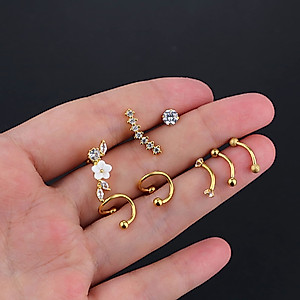 Ubjuliwa 27Pcs 16G Cartilage Earrings Stud Hoop for Women Stainless Steel Forward Helix Piercing Tragus Earrings Conch Piercing Jewelry Gold Tone