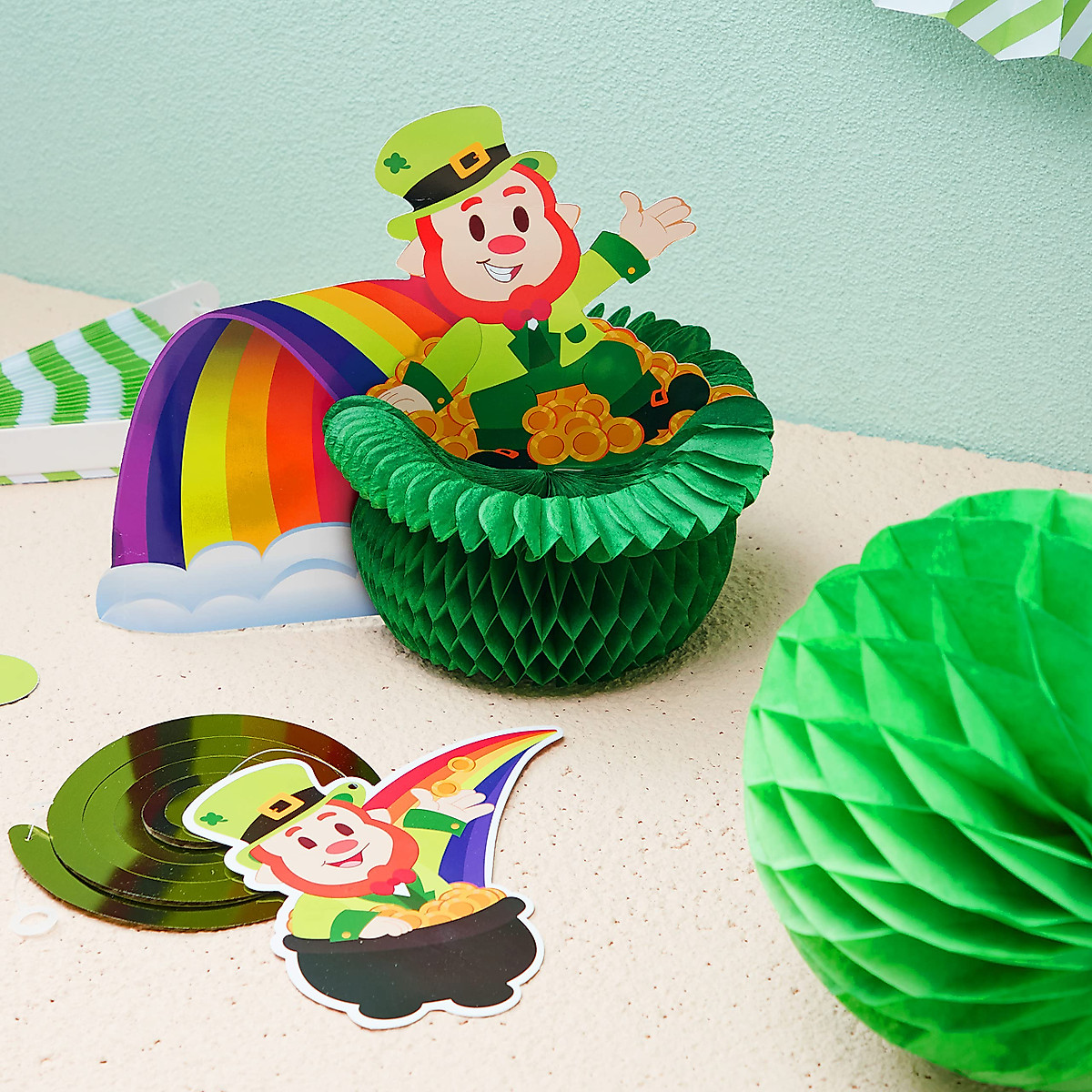 JOYIN St. Patrick's Day Colorful Foil Hanging Swirls with Lucky Irish Green Shamrock and Leprechauns Saint Patricks Pot-O-Gold Centerpiece Tissue St Patricks Poms Party Decorations