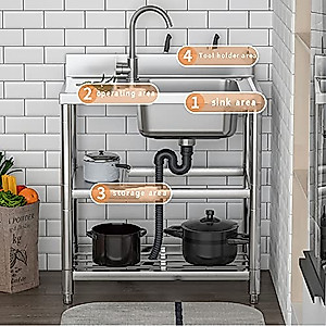Single Bowl Commercial Kitchen Sink Workbench,Stainless Steel Utility Sink, Utility Kitchen Sinks faucet/drain Kit 100 * 50 * 80cm/39.9 * 19.7 * 31.5in B
