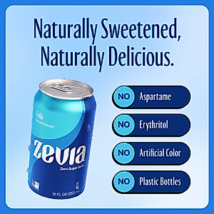 Zevia Zero Sugar Soda, Cola, 12 oz Cans (24-Pack) – Naturally Sweetened, Zero Calorie Sugar Free Soda - Non-GMO Project Verified, Gluten-Free, Vegan