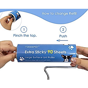 YabeePet Extreme Sticky Large Surface Lint Roller, Long Handle Pet Hair Remover, Designed for Removing Pet Dog Cat Hair 90 Sheets per Roll, 6.3 inch Width (1 Roller+2 Refills)
