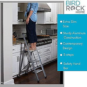 BirdRock Home 3-Step Slim Aluminum Step Ladder - Sturdy Thin Folding Stool - 3 Anti-Slip Steps - Wide Platform - Great for Your Kitchen, Pantry, Closets, or Home Office - Indoor Stool - Silver
