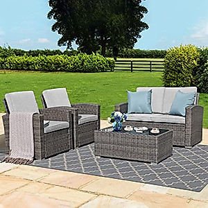 Verano Garden 4 Piece Patio Conversation Set,All Weather Rattan Wicker Patio Furniture Set with Thick Cushions and Tempered Glass Coffee Table for Porch, Backyard, Patio, Dark Gray (Light Gray)