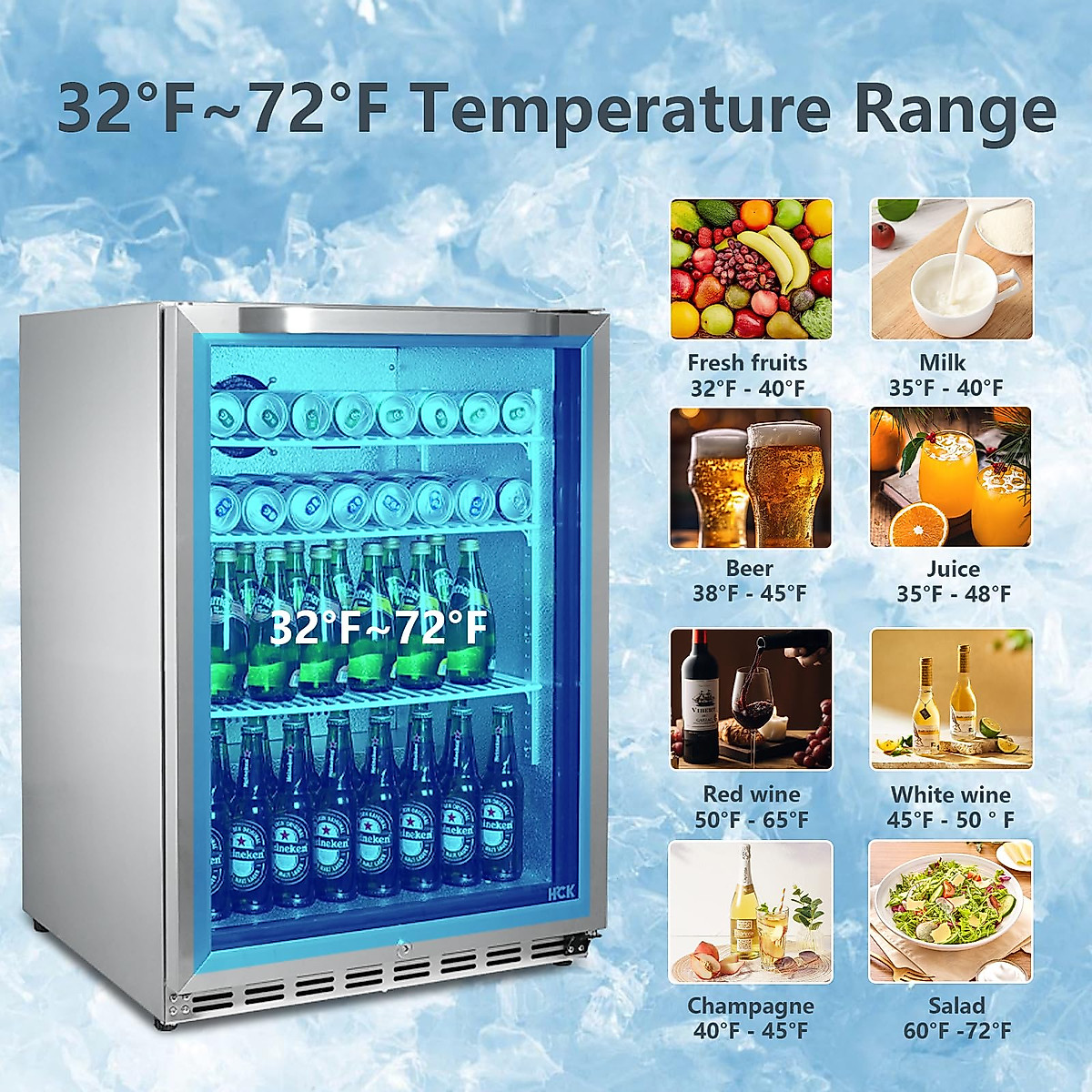 HCK 24 inch Freestanding/Built-in Beverage Cooler Refrigerator with 5.12 cu. ft. 161 cans Capacity, Undercounter refrigerators Reversible Glass Door and Stainless Steel Body for Soda Beer and Wine