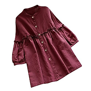 Women's Cotton Linen Shirt 3/4 Sleeve Button Down Blouse Solid Color Smocked Tunic Tops Plus Size Loose Fit T-Shirt Red