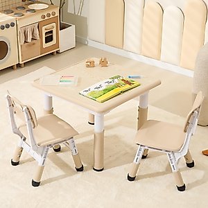 SINKIPA Kids Table and 2 Chairs Set, 23.6''L x 23.6''W Toddler Table and Chairs, Height Adjustable Kids Study Table for Ages 2-10, Graffiti Desktop Children Activity Table with Anti-Slip Foot Covers