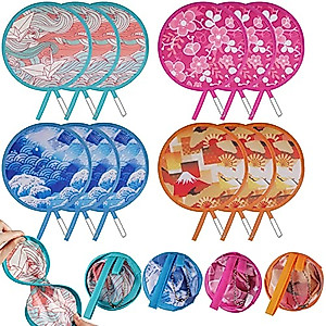 12 Pcs Round Japanese Style Foldable Hand Fan Summer Flower Handheld Folding Fan 4 Patterns Collapsible Handheld Fan Foldable for Women Girls Daily Use Festival Wedding Party Favors Home Decorations