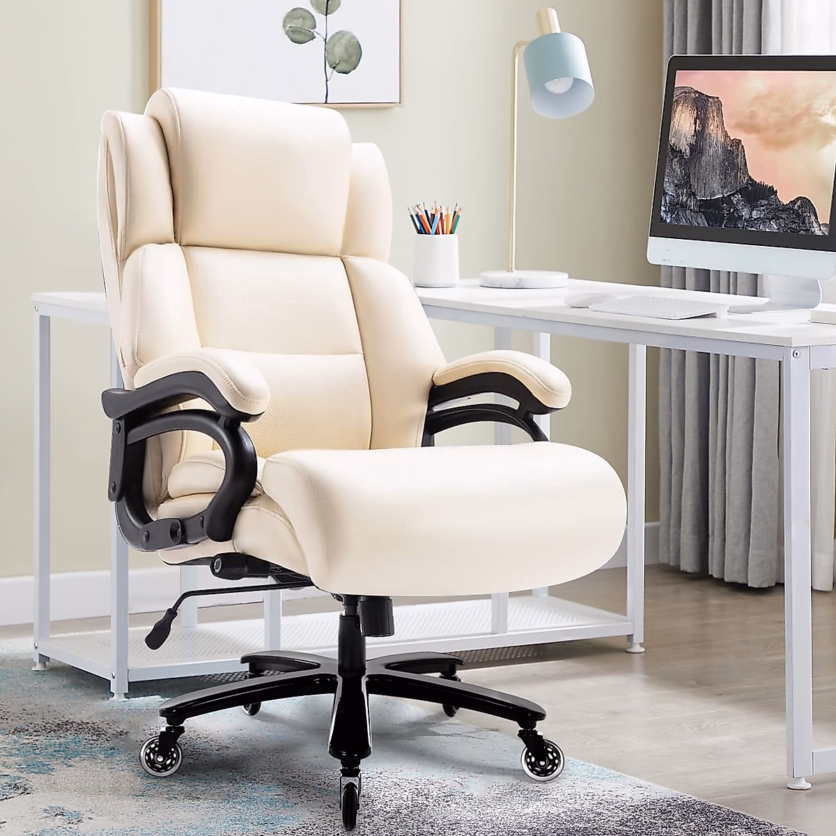 Big and Tall 400lbs Office Chair - Adjustable Lumbar Support Heavy Duty Metal Base Quiet Rubber Wheels High Back Large Executive Computer Desk Swivel Chair, Ergonomic Design for Back Pain, Beige