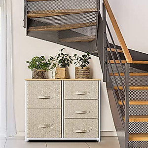 Pipishell Fabric Dresser, 5 Drawer Storage Chest Tower, Organizer Unit for Bedroom, Hallway, Entryway, Closets and Living Room -Sturdy Steel Frame, Wood Top, Easy Pull