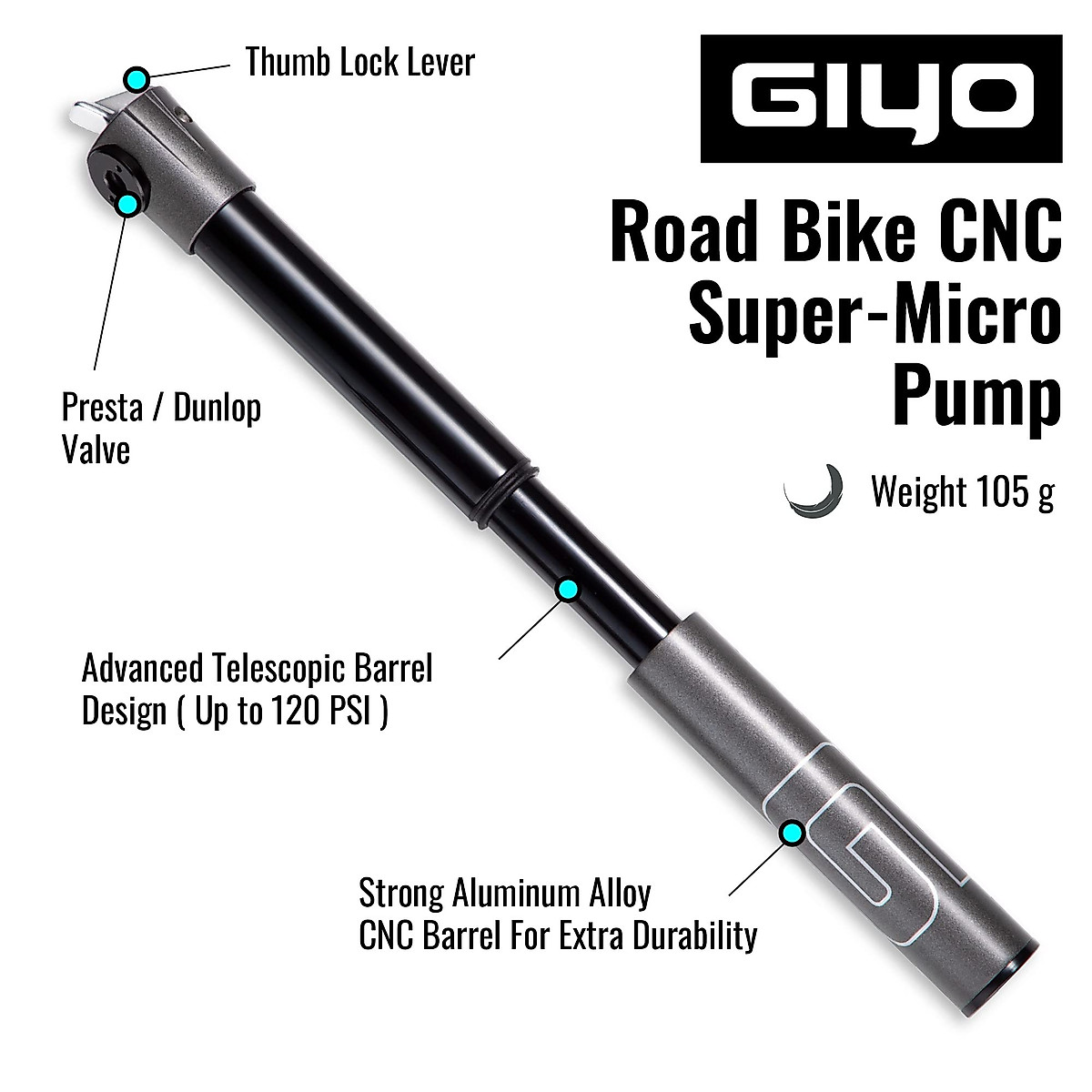 GIYO Small Bike Pump Presta Valve for Road Bikes 120 psi Telescopic Barrel - All Metal CNC Bike Pump Portable | Secure Valve Lock Easy Pumping GM04 Taiwan Made