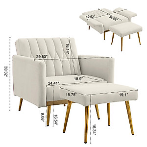 TTGIEET Velvet Accent Chair with Ottoman, Modern Upholstered Tufted Armchair, Comfy Single Sofa Chair Side Chair with Golden Metal Legs& Adjustable Arms for Living Reading Room Bedroom Office (Cream