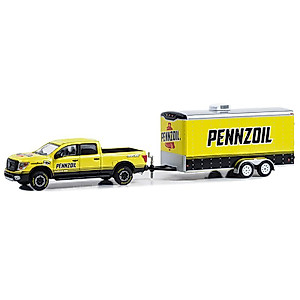 Collectibles Greenlight 32300-D Hitch & Tow Series 30-2018 Titan XD Pro-4X with Enclosed Car Hauler – Pennzoil 1:64 Scale Diecast