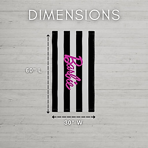 Franco Barbie Barbiecore Black & White Striped Soft Cotton Bath/Pool/Beach Towel, 60 in x 30 in, (Official Licensed Barbie Product)