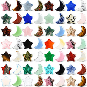 60 Pieces Star Shaped Crystals and Moon Shaped Crystals Worry Stones Assorted Palm Thumb Stones Hand Making Gemstone Quartz Decorative Crystal for Witchcraft Meditation DIY Balancing Jewelry