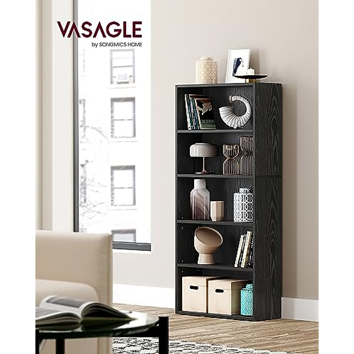 VASAGLE Bookshelf, 5-Tier Open Bookcase with Adjustable Storage Shelves, Floor Standing Unit, Black ULBC165T56