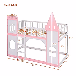 BOVZA Castle Bed Kids Bunk Bed Twin Over Twin with Ladder and Safety Guardrails for Girls Boys, Pink