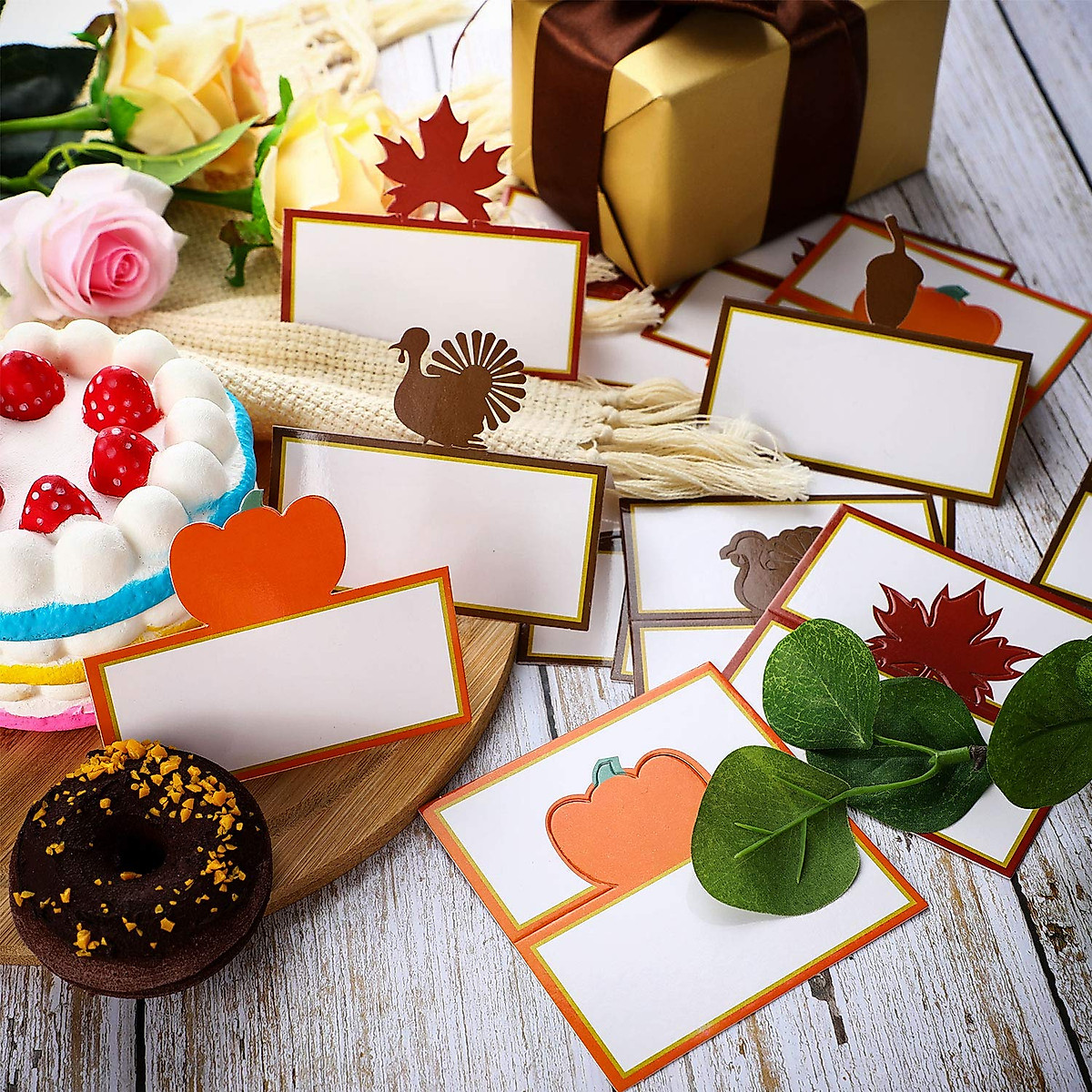 Outus 25 Pieces Thanksgiving Greeting Place Cards 4 x 2 Inch Fall Guest Seating Tent Cards Autumn Table Name Place Cards with Pumpkin Turkey Witch Hat Design for Thanksgiving Dinner Party Supplies