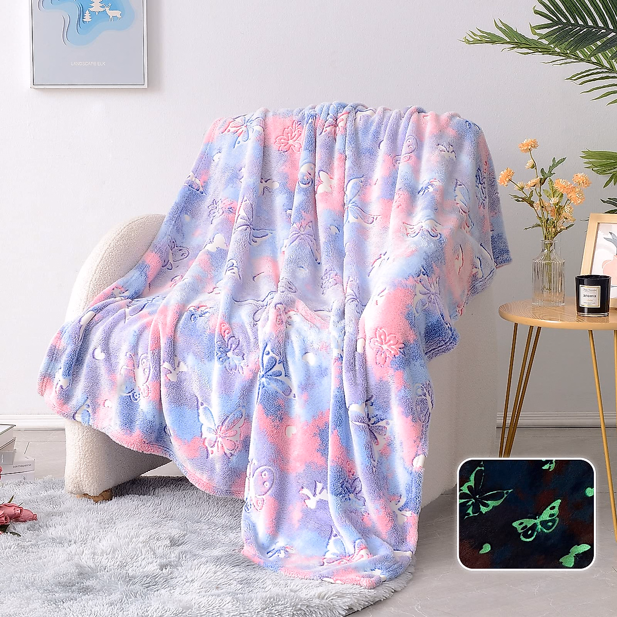 Yaning Glow in The Dark Butterfly Blanket, Soft Cozy Cute Fluffy Luminous Blanket for Kids Girls Teens Gift, Purple, 50x60 inches