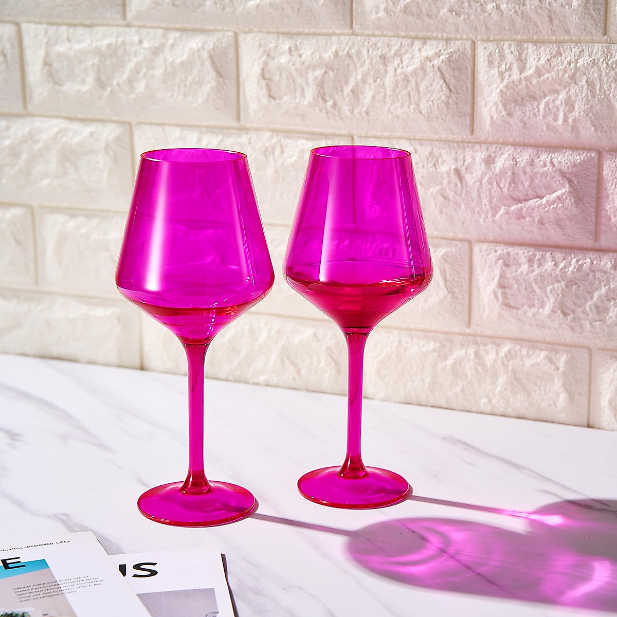 Unbreakable Hot Pink Wine Glasses | Set of 2 | Tritan Drinkware, Unbreakable Colored Magenta & Blush Pink Classic, Large Barware Glasses Shatterproof BPA-free plastic Red & White 15oz
