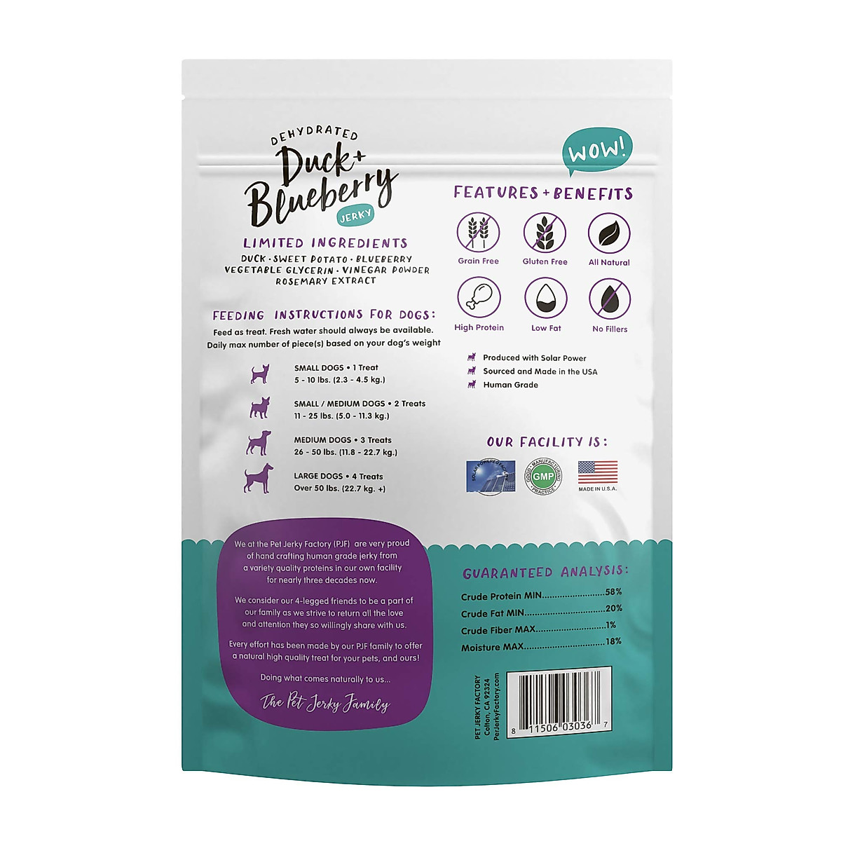 Pet Jerky Factory Premium Duck and Blueberry 5 oz. Dog Jerky Treats | 100% Human Grade | USA Made | High Protein | Grain Free | Limited Ingredients | No Filler | BHA-BHT Free | Soft-Tender