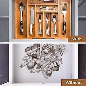 Expandable Bamboo Silverware Organizer - Kitchen Drawer Organizer, Utensil Holder - Drawer Organization and Storage in Kitchen, Bathroom or Bedroom, 17” Long, Adjustable from 13” - 22.2” Wide, 2” Deep