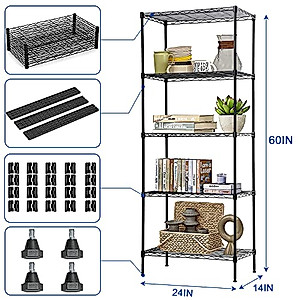 5-Tier Storage Shelves Wire Shelving Unit Large Metal Shelf 60”x24”x14” 750 LBS Capacity NSF Certified Utility Steel Organizer Wire Rack for Kitchen Garage Pantry Laundry Bathroom Closet,Black