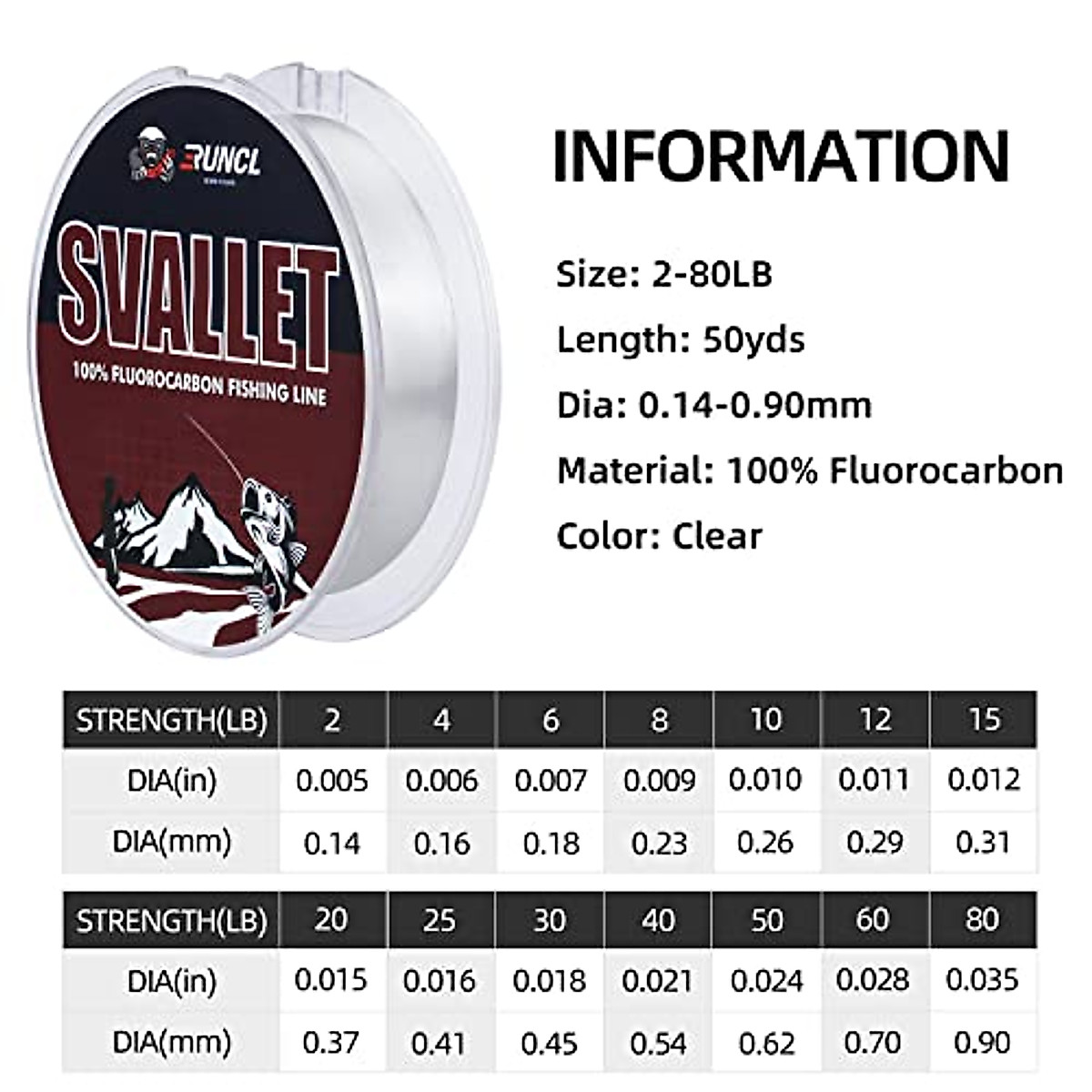 RUNCL 100% Fluorocarbon Fishing Line, 50Yds 2-80LB, High Sensitivity, Abrasion Resistance, Invisible Underwater, Sinks Faster, for Freshwater, Saltwater, Ice Fishing