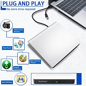 Haiway External DVD Drive, USB 3.0 Type-C CD Burner Portable CD DVD +/-RW Optical Drive Slim CD DVD ROM Rewriter CD/DVD Player Writer Reader for Laptop Desktop MacBook PC Windows Linux Mac OS (White)