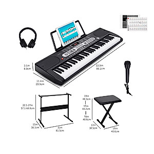 Fujampe 61Key Keyboard Piano W/Lighted Keys, LCD Display, Piano Bench, Microphone, Headphones, Note Stickers, Keyboard Stand, Music Stand, Electric Portable Piano Keyboard for Beginners