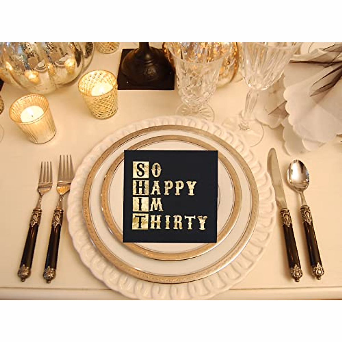 So Happy Im Thirty Napkins, 30th Birthday Napkins, Black Gold 30th Birthday Cocktail Napkins, Men Women 30th Birthday Party Decorations, Cheers to 30 Years, 30 Fabulous Party Decor (5 x 5 In,50-Pack)
