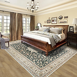 Washable Rug Living Room Rugs: 8x10 Area rugs Large Machine Washable Non Slip Carpet Soft Floral luxury Thin Carpets for Dining Room Farmhouse Bedroom Nursery Home Office Dark Blue Beige