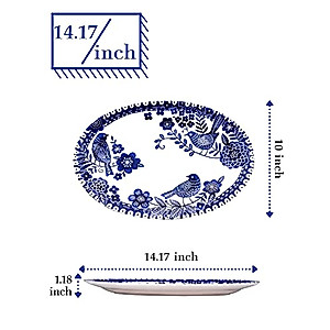 Sonemone 14 inch Blue Bird Serving Platter, Ceramic Oval Serving Plates for Entertaining Party Restaurant, Turkey, Dishwasher & Microwave Safe