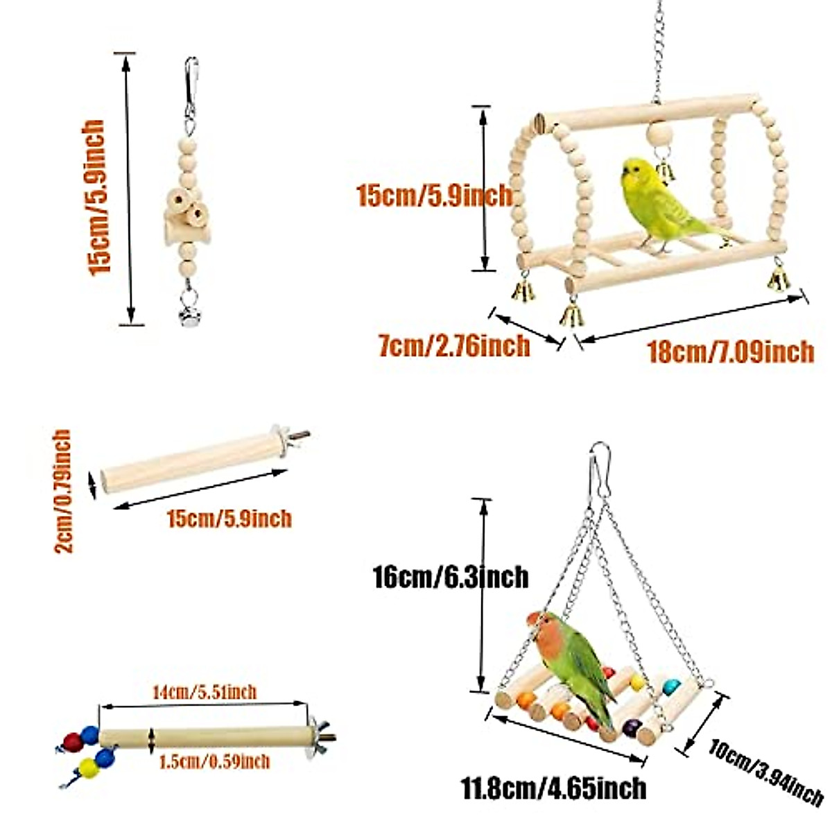 Allazone 14 PCS Bird Parrot Toys, Bird Perch Toys Hanging Bell Pet Bird Cage Hammock Swing Toy Wooden Chewing Toy for Conures, Love Birds, Small Parakeets Cockatiels, Macaws