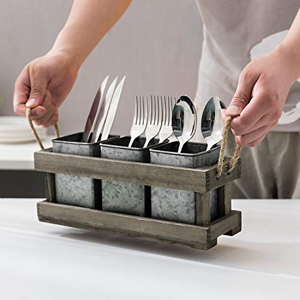 MyGift Vintage Brown Wood Kitchen Flatware Cutlery Silverware Caddy Utensil Holder with 3 Galvanized Metal Removable Storage Cups and Rope Handles