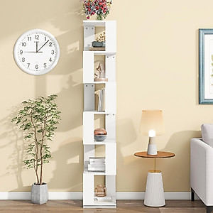 FRITHJILL 360° Rotating Bookshelf, 6-Tier Modern Display Shelf with Acrylic Plates, White Corner Storage Rack for Home Office - Space-Saving Organizer for Books, Plants, Decor