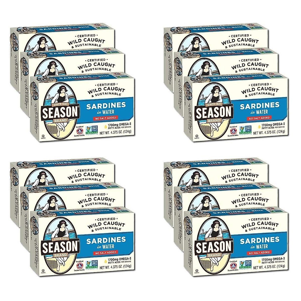 Season Sardines in Water – No Salt Added, Wild Caught, 22g of Protein, Keto Snacks, More Omega 3's Than Tuna, Kosher, High in Calcium, Canned Sardines – 4.37 Oz Tins, 12-Pack