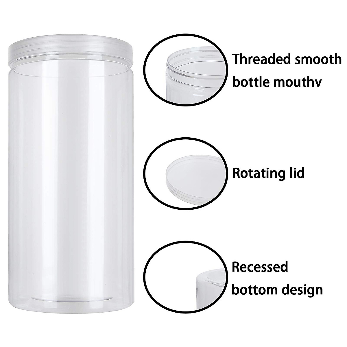 EATHEATY 6 Pack 46oz/1360ml Large Plastic Jars with Lid, Wide Mouth Empty Clear PET Storage Containers with Lid, Tall Plastic Candy Cylinder Storage Jars for Dry Food, Peanut, Powder, Kitchen, Snacks