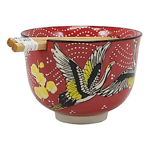 Ebros Gift Red Sky Flying Crane Ramen Udong Noodles 5" Diameter Bowl With Built In Chopsticks Rest and Bamboo Chopstick Set for Dining Soup Rice Meal Cereal Bowls Decor Kitchen Asian Fusion