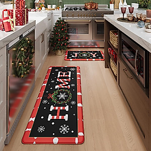 Christmas Joy Winter Snowflake Kitchen Floor Mat, Cushioned Anti Fatigue Kitchen Rug Waterproof Non Slip Comfort Foam Standing Mat for Kitchen Office Sink Laundry 17x30+17x47inch