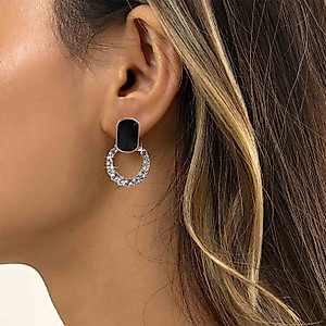 Vintage Onyx Square Stud Earrings Gold Crystal Circle Dangle Earrings Cz Paved Halo Circle Earrings Geometric Black Crystal Square Earrings Jewelry for Women