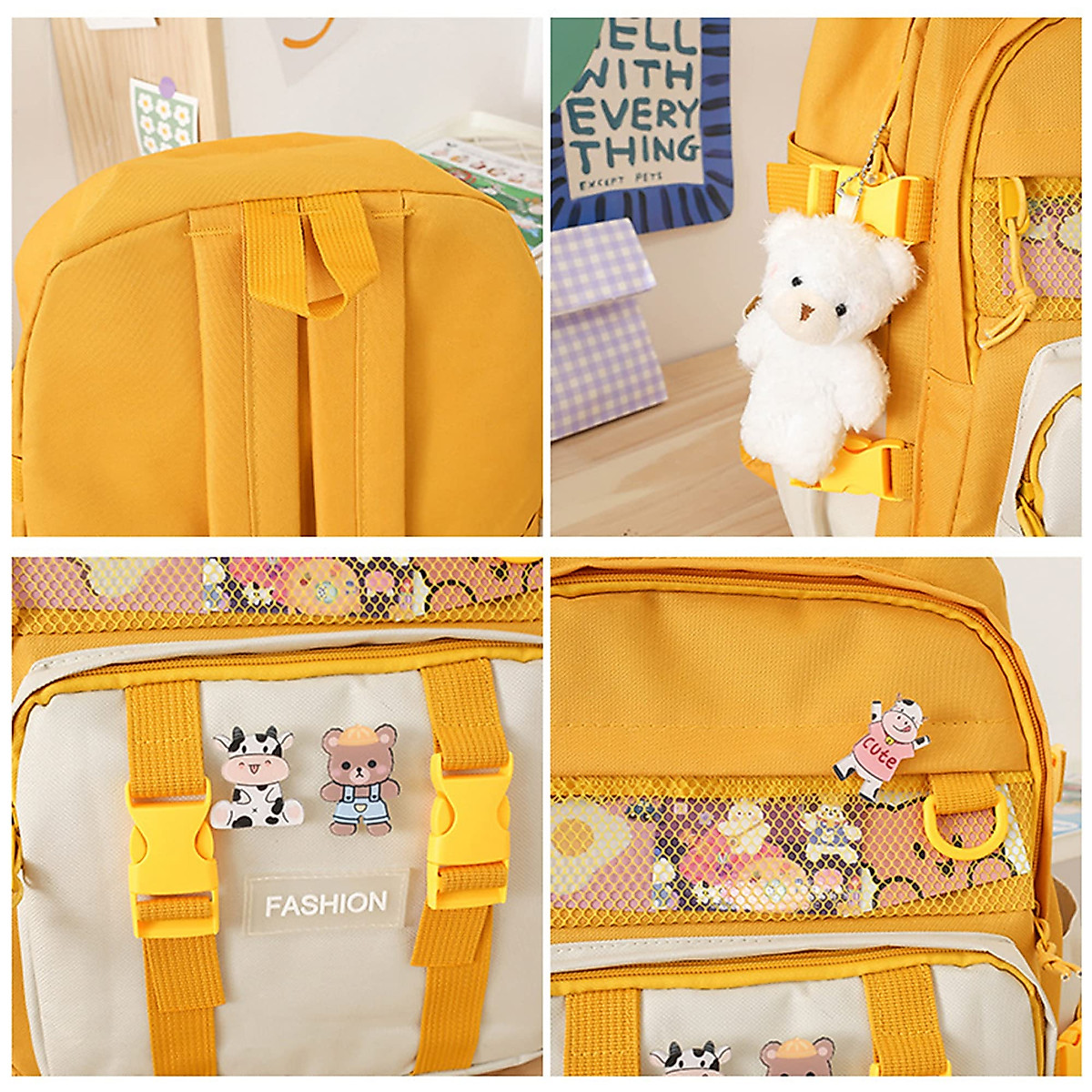 KOVPIFB Kawaii Backpack Cute Style 5 PCS Backpack Set,Cute Plush Pendants & Pins Aesthetic School Bags for Teen Girls Pink