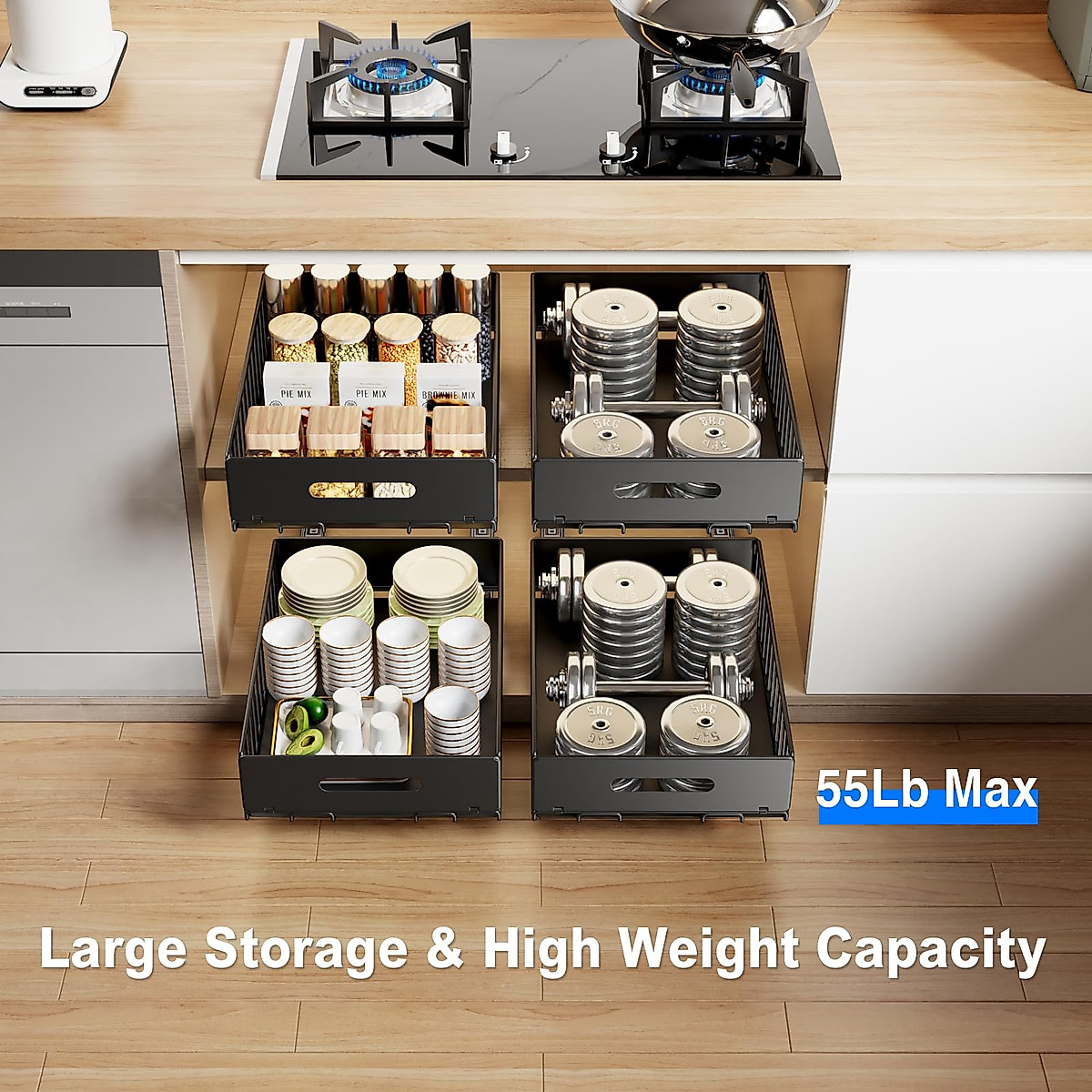 MUSTORN 2 Pack Pull Out Cabinet Organizer, Slide Out Drawers for Cabinets Peel and Stick Pull Out Drawers Heavy Duty Pull Out Shelves for Kitchen,Cupboard,Pantry,Bathroom (16.5"D*11.8"W*3.94"H-Black)