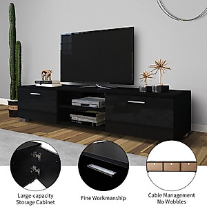 WERSMT Wood TV Stand, Modern 55 60 65 70 inch TV Stand, Entertainment Center with Storage, High Gloss TV Cabinet for Living Room, Black