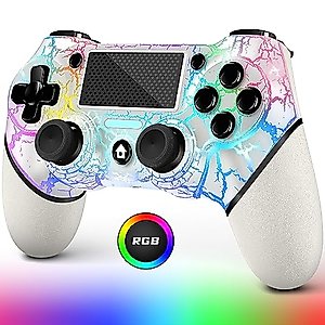 AceGamer Wireless Controller for PS4, White Crack Custom Design with RGB Light,1000mAh Battery and 3.5mm Audio Jack, V2 Gamepad Joystick Compatible with PS4/Slim/Pro and Windows PC! (White-Light Up)