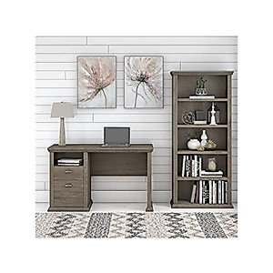 Bush Furniture Yorktown Home Office Desk with 5 Shelf Bookcase, 50W, Restored Gray