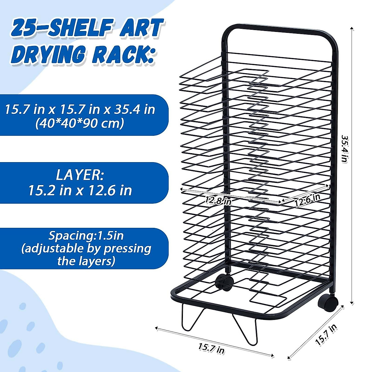 Qilery 2 Pack Art Drying Rack 25 Removable Shelves Mobile Paint Drying Rack Classroom Mobile Art Storage Rack with Wheels for Perschool Artwork Studios,15.7 D x 15.7 W x 35.4 H(Black)